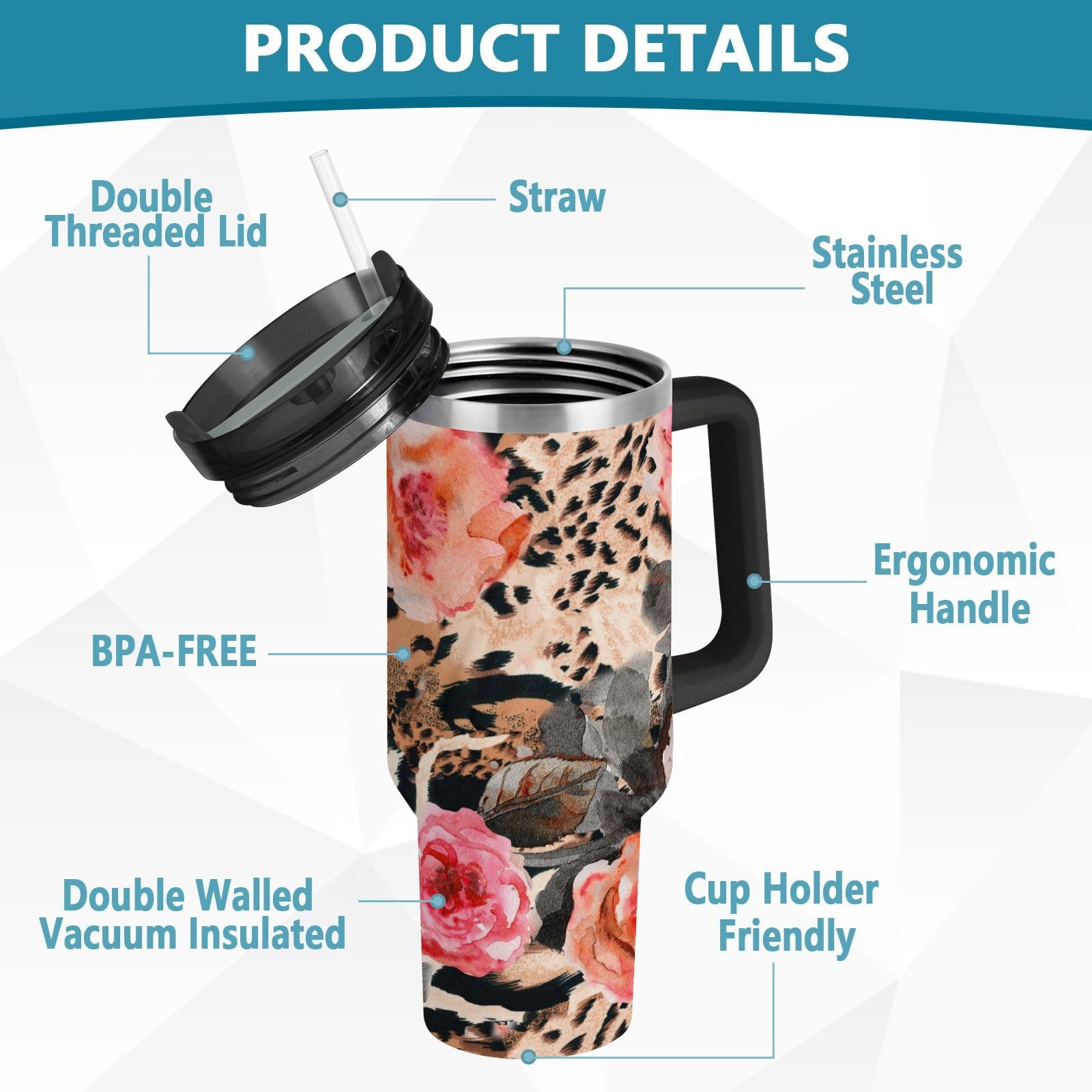 Yasala Car Tumbler with Handle Vintage Leopard Floral Art Travel Mug Coffee Cup Insulated Beverage Container Mega Cup for Hot Cold Drinking Thermos Water Bottle Cupholder Friendly 40 oz