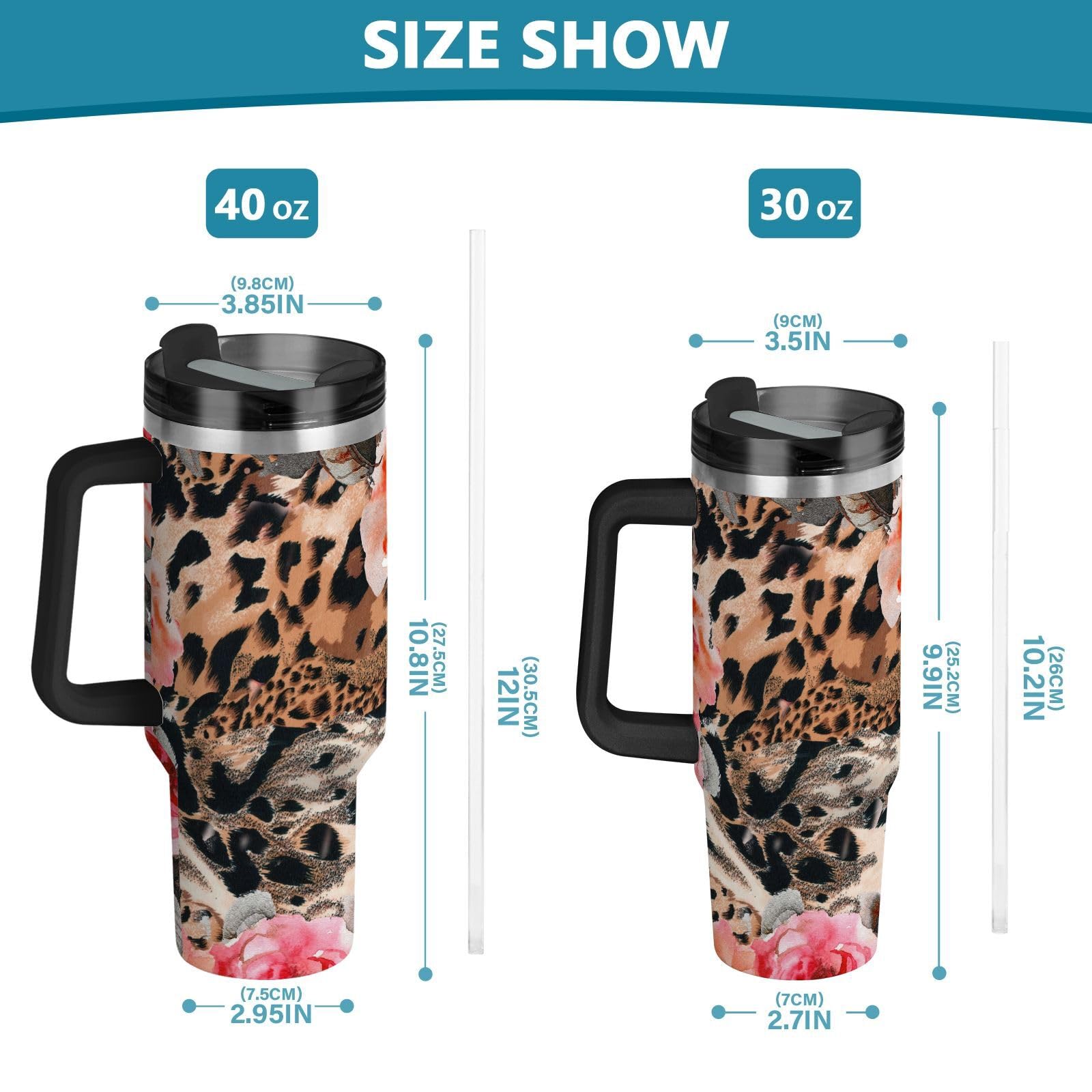 Yasala Car Tumbler with Handle Vintage Leopard Floral Art Travel Mug Coffee Cup Insulated Beverage Container Mega Cup for Hot Cold Drinking Thermos Water Bottle Cupholder Friendly 40 oz