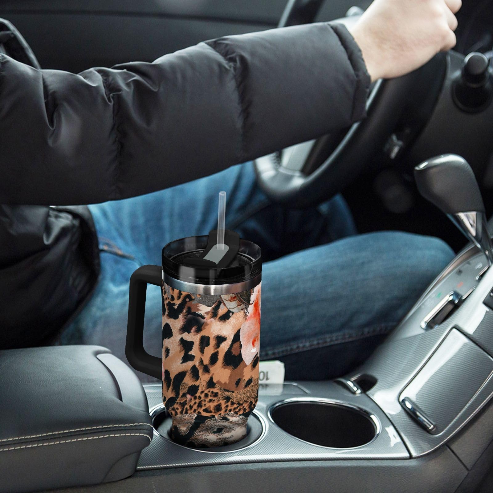 Yasala Car Tumbler with Handle Vintage Leopard Floral Art Travel Mug Coffee Cup Insulated Beverage Container Mega Cup for Hot Cold Drinking Thermos Water Bottle Cupholder Friendly 40 oz