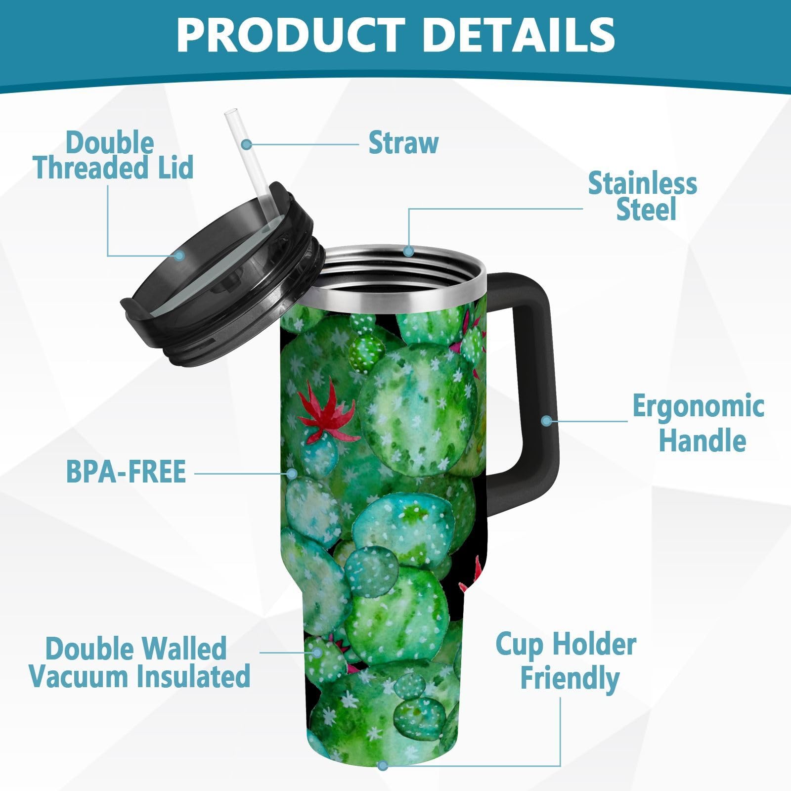 Yasala Car Tumbler with Handle Green Cactus Watercolor Travel Mug Coffee Cup Insulated Beverage Container Mega Cup for Hot Cold Drinking Thermos Water Bottle Cupholder Friendly 40 oz