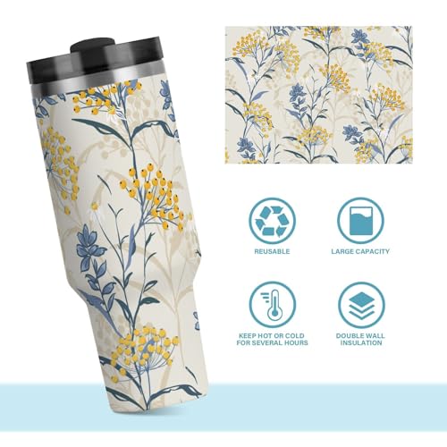 Yasala Car Tumbler with Handle Wildflowers Travel Mug Coffee Cup Insulated Beverage Container Mega Cup for Hot Cold Drinking Thermos Water Bottle Cupholder Friendly 40 oz
