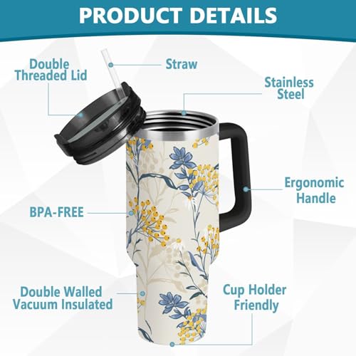 Yasala Car Tumbler with Handle Wildflowers Travel Mug Coffee Cup Insulated Beverage Container Mega Cup for Hot Cold Drinking Thermos Water Bottle Cupholder Friendly 40 oz