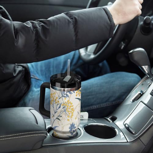 Yasala Car Tumbler with Handle Wildflowers Travel Mug Coffee Cup Insulated Beverage Container Mega Cup for Hot Cold Drinking Thermos Water Bottle Cupholder Friendly 40 oz