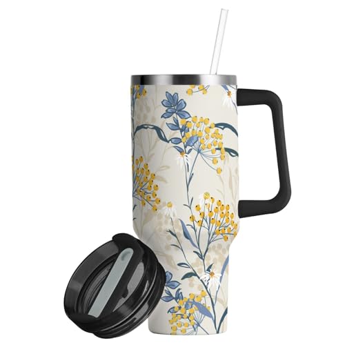 Yasala Car Tumbler with Handle Wildflowers Travel Mug Coffee Cup Insulated Beverage Container Mega Cup for Hot Cold Drinking Thermos Water Bottle Cupholder Friendly 40 oz