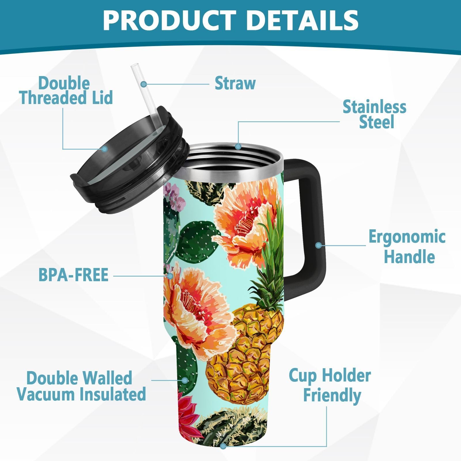 Yasala Car Tumbler with Handle Cactus Pineapple Travel Mug Coffee Cup Insulated Beverage Container Mega Cup for Hot Cold Drinking Thermos Water Bottle Cupholder Friendly 40 oz