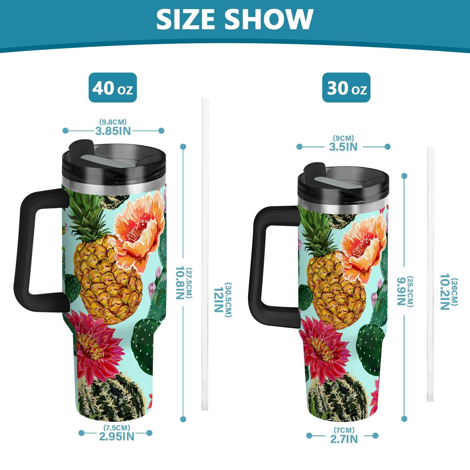 Yasala Car Tumbler with Handle Cactus Pineapple Travel Mug Coffee Cup Insulated Beverage Container Mega Cup for Hot Cold Drinking Thermos Water Bottle Cupholder Friendly 40 oz