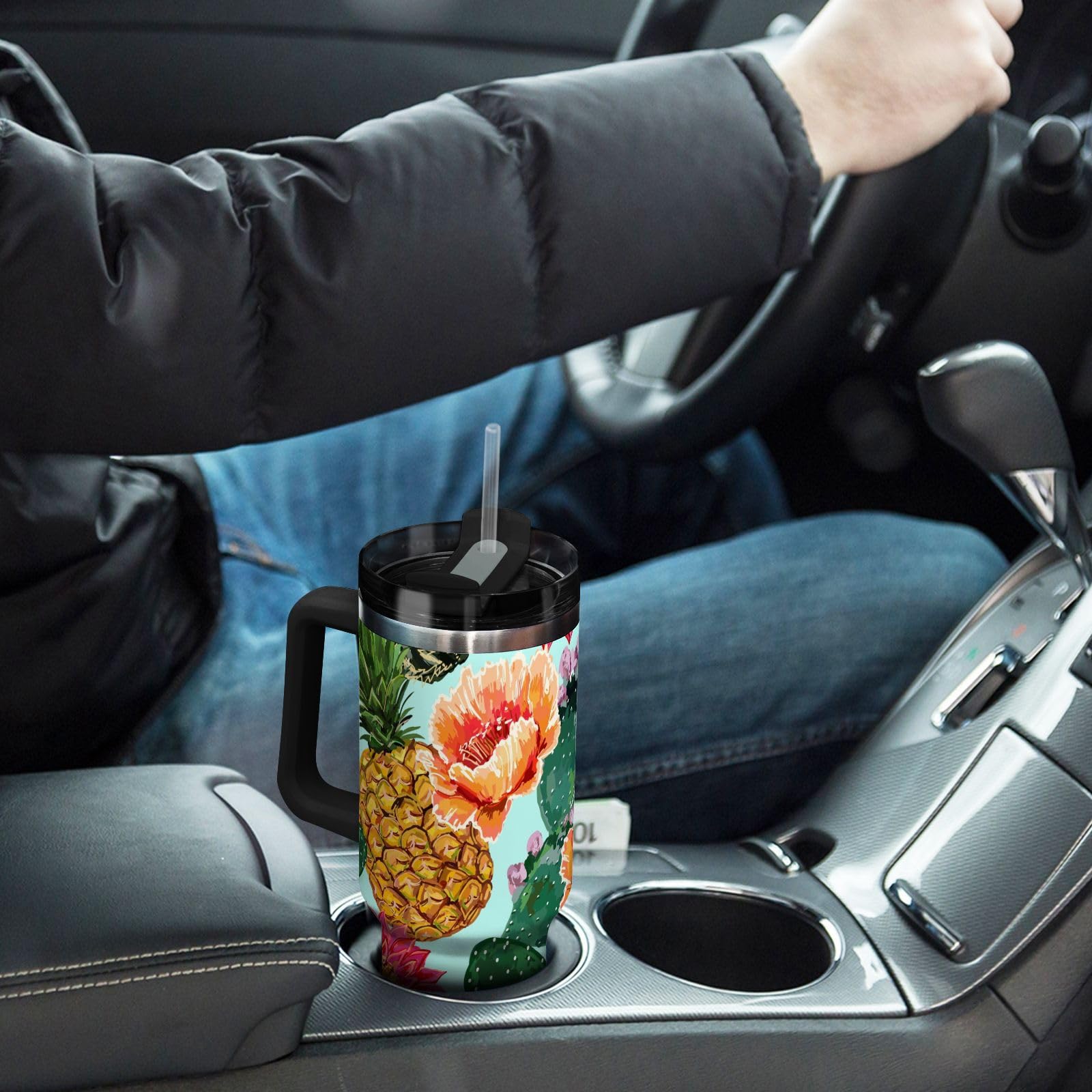 Yasala Car Tumbler with Handle Cactus Pineapple Travel Mug Coffee Cup Insulated Beverage Container Mega Cup for Hot Cold Drinking Thermos Water Bottle Cupholder Friendly 40 oz