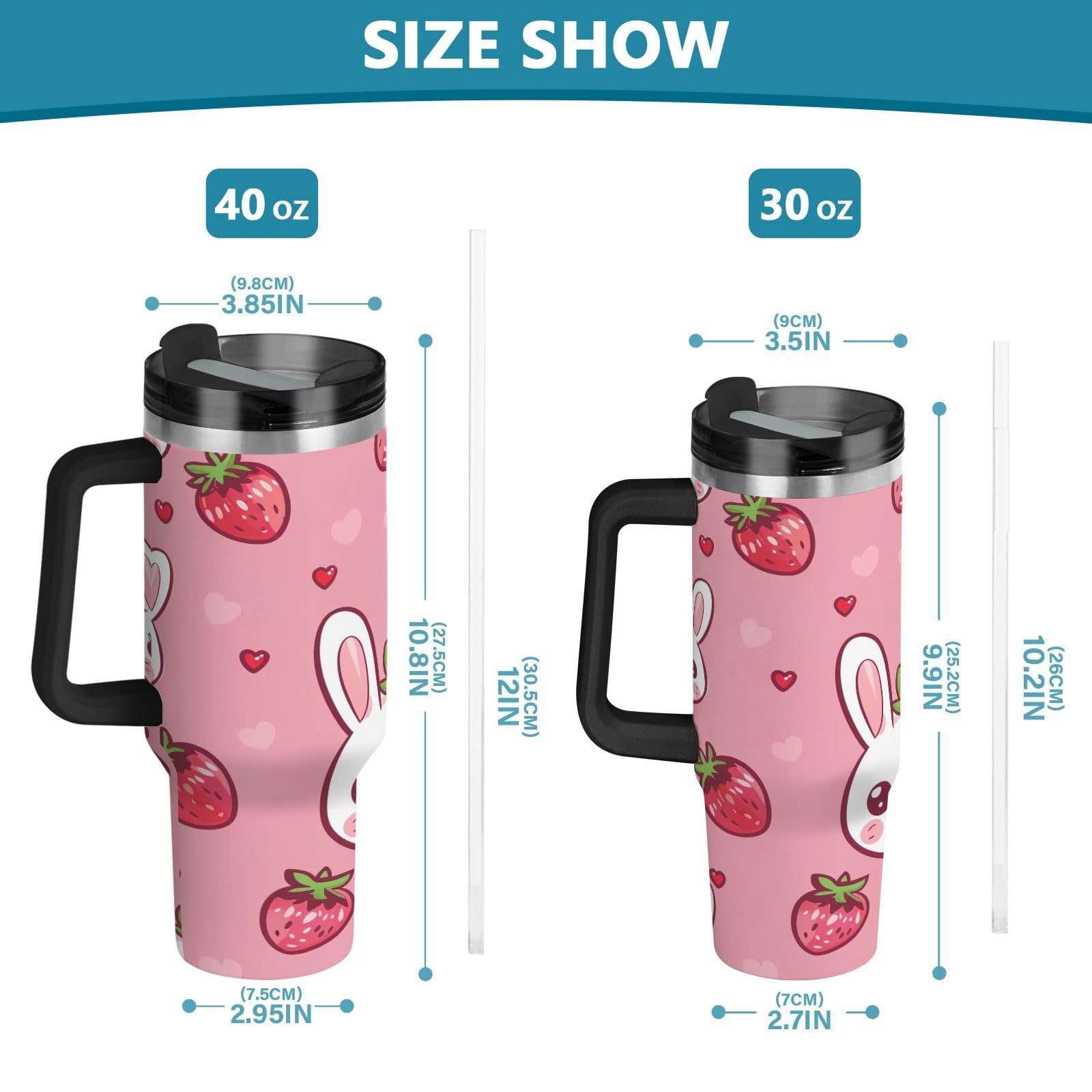 FRCSDIY Rabbits and Strawberries Insulated Tumbler with Handle and Straw Lid,30oz Leakproof Stainless Steel Cup BPA-Free Water Bottle