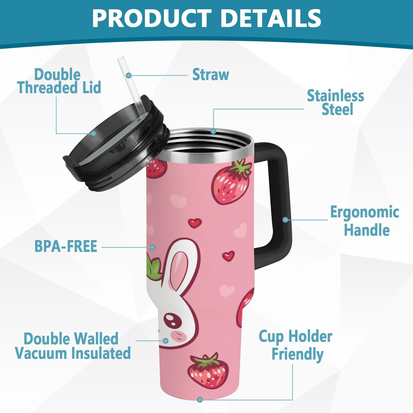FRCSDIY Rabbits and Strawberries Insulated Tumbler with Handle and Straw Lid,30oz Leakproof Stainless Steel Cup BPA-Free Water Bottle