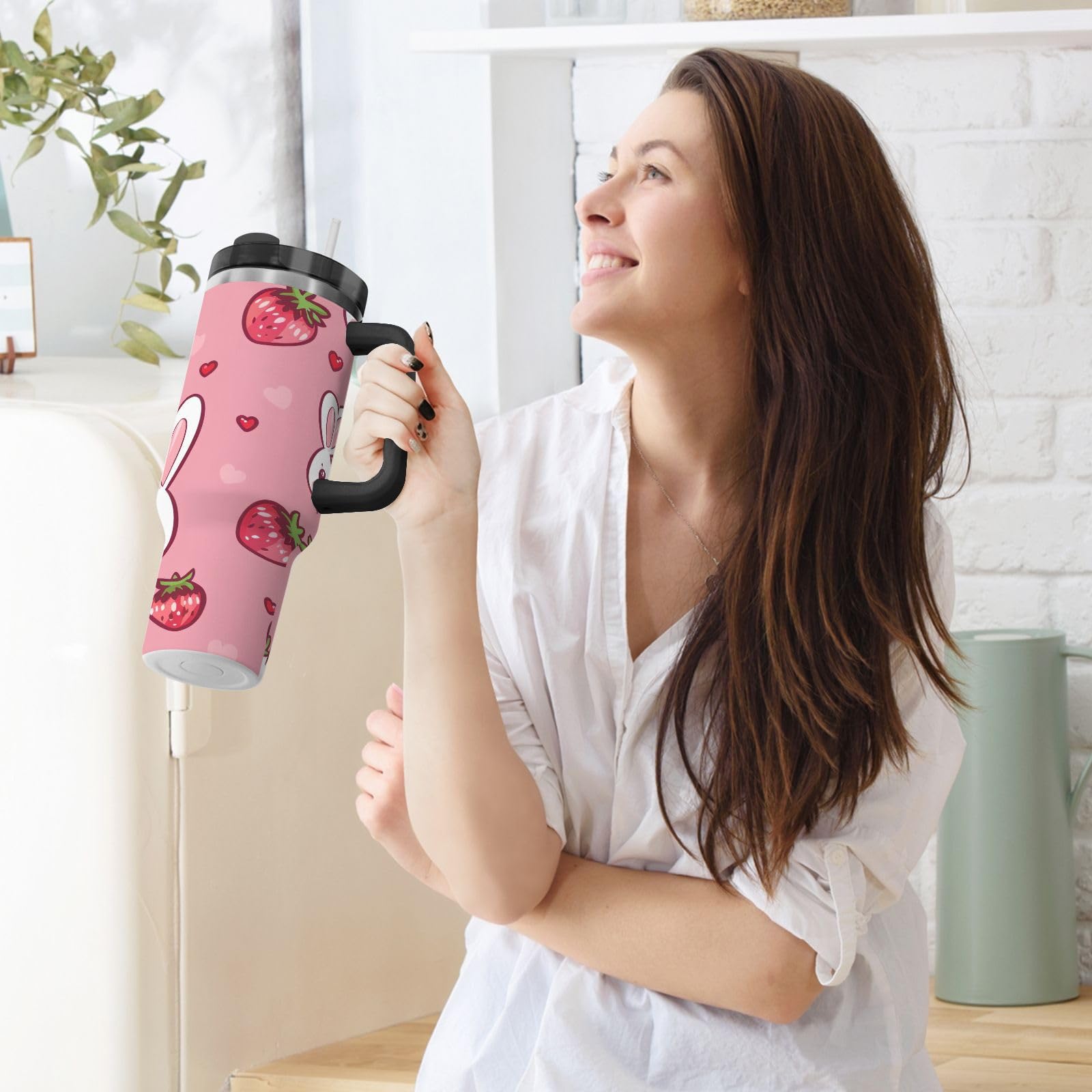 FRCSDIY Rabbits and Strawberries Insulated Tumbler with Handle and Straw Lid,30oz Leakproof Stainless Steel Cup BPA-Free Water Bottle