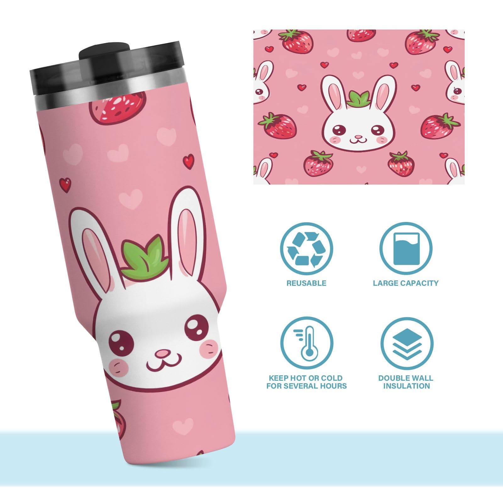 FRCSDIY Rabbits and Strawberries Insulated Tumbler with Handle and Straw Lid,30oz Leakproof Stainless Steel Cup BPA-Free Water Bottle