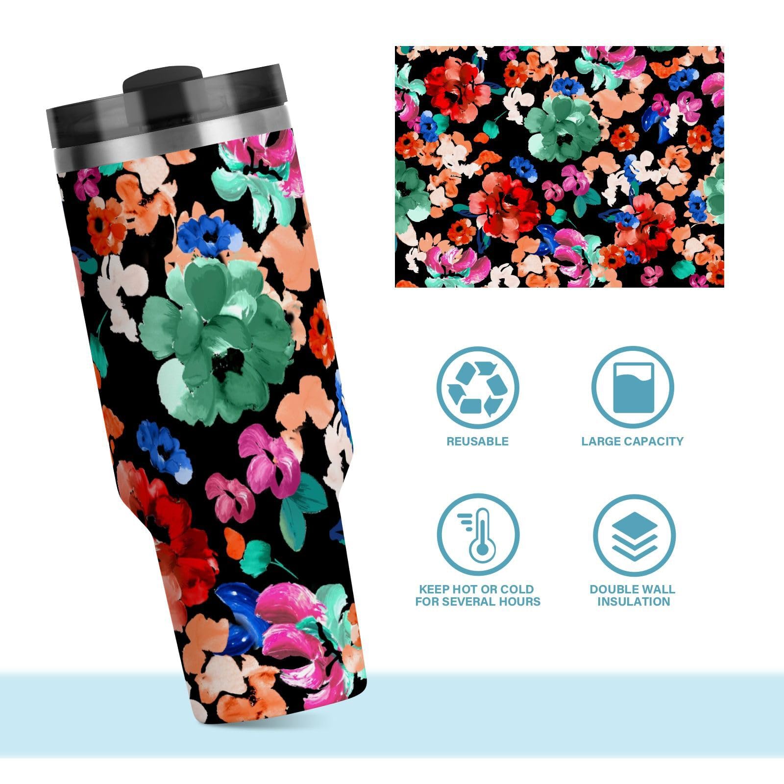 Yasala Car Tumbler with Handle Watercolor Rainbow Color Flower Travel Mug Coffee Cup Insulated Beverage Container Mega Cup for Hot Cold Drinking Thermos Water Bottle Cupholder Friendly 40 oz