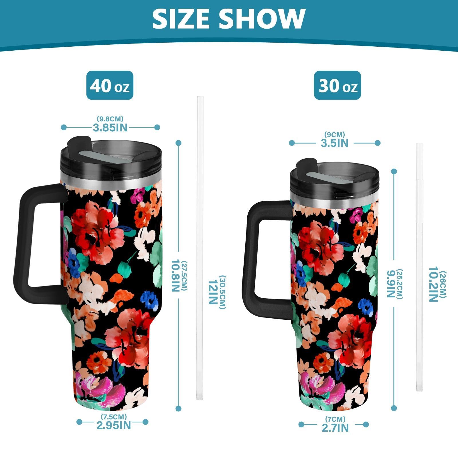 Yasala Car Tumbler with Handle Watercolor Rainbow Color Flower Travel Mug Coffee Cup Insulated Beverage Container Mega Cup for Hot Cold Drinking Thermos Water Bottle Cupholder Friendly 40 oz