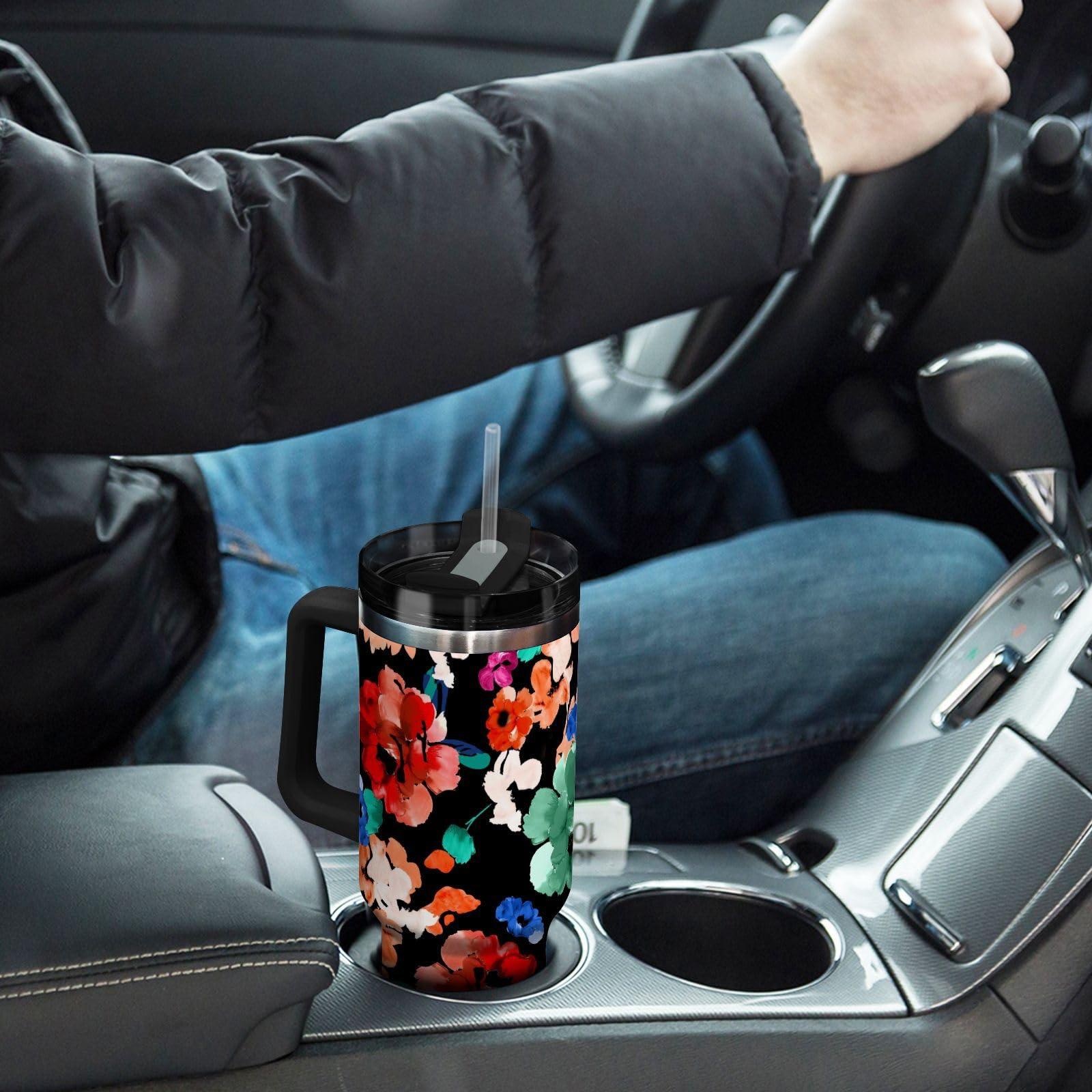 Yasala Car Tumbler with Handle Watercolor Rainbow Color Flower Travel Mug Coffee Cup Insulated Beverage Container Mega Cup for Hot Cold Drinking Thermos Water Bottle Cupholder Friendly 40 oz