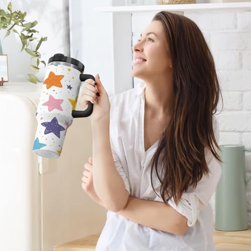 FRCSDIY Cartoon Stars Insulated Tumbler with Handle and Straw Lid,40oz Leakproof Stainless Steel Cup BPA-Free Water Bottle