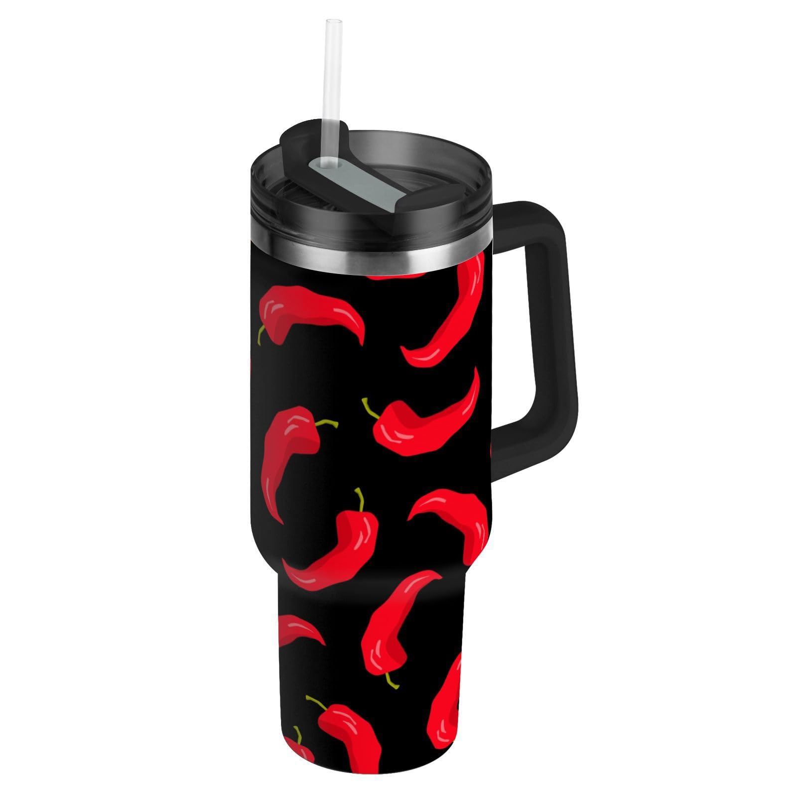 Yasala Car Tumbler with Handle Cute Chilli Red Black Funny Travel Mug Coffee Cup Insulated Beverage Container Mega Cup for Hot Cold Drinking Thermos Water Bottle Cupholder Friendly 40 oz