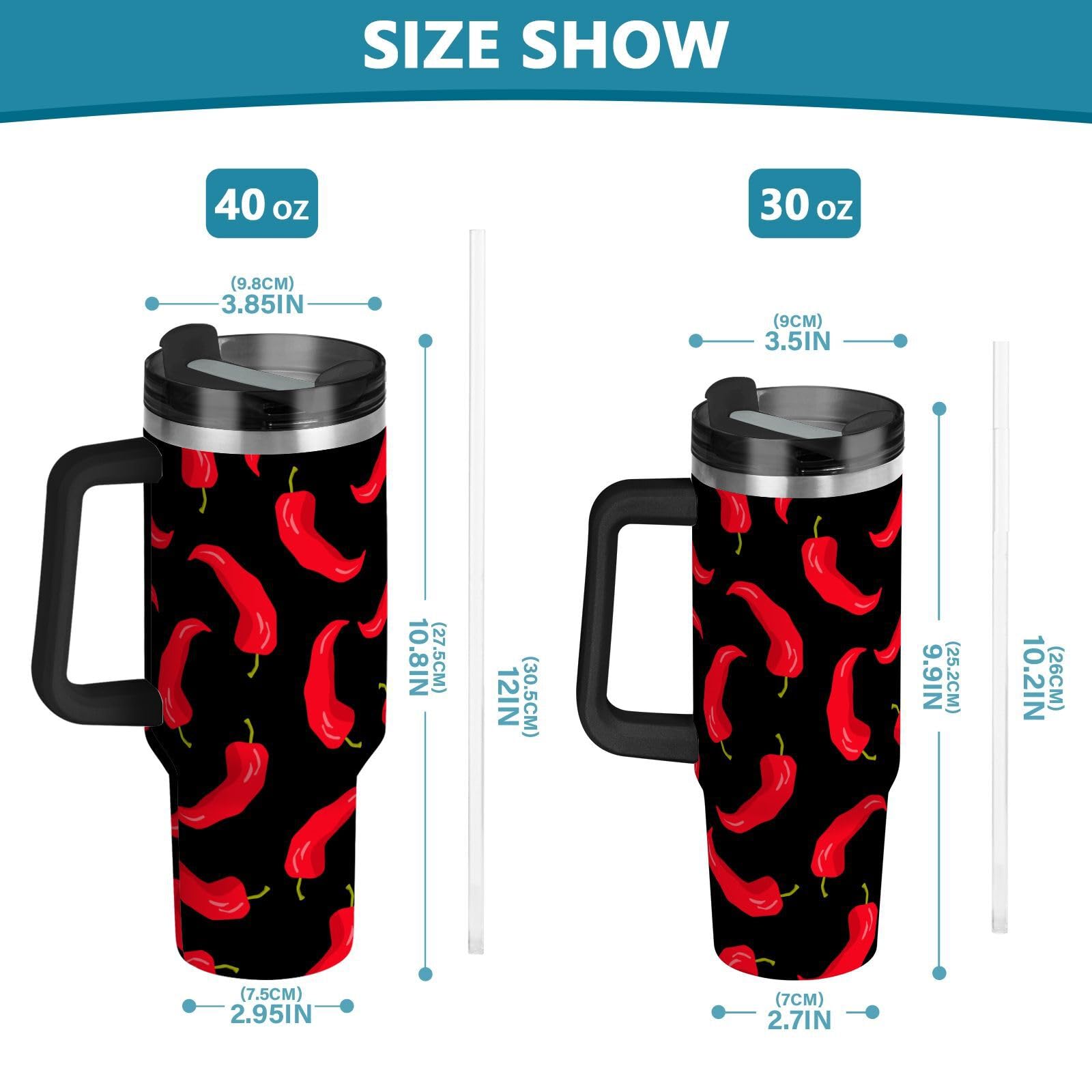 Yasala Car Tumbler with Handle Cute Chilli Red Black Funny Travel Mug Coffee Cup Insulated Beverage Container Mega Cup for Hot Cold Drinking Thermos Water Bottle Cupholder Friendly 40 oz