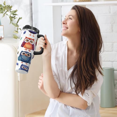 FRCSDIY Cartoon Owl Insulated Tumbler with Handle and Straw Lid,30oz Leakproof Stainless Steel Cup BPA-Free Water Bottle