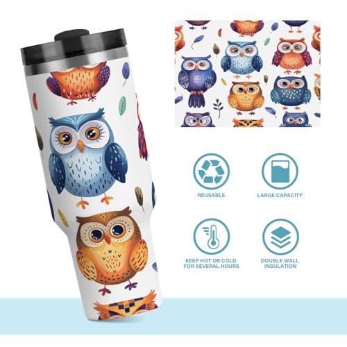 FRCSDIY Cartoon Owl Insulated Tumbler with Handle and Straw Lid,30oz Leakproof Stainless Steel Cup BPA-Free Water Bottle