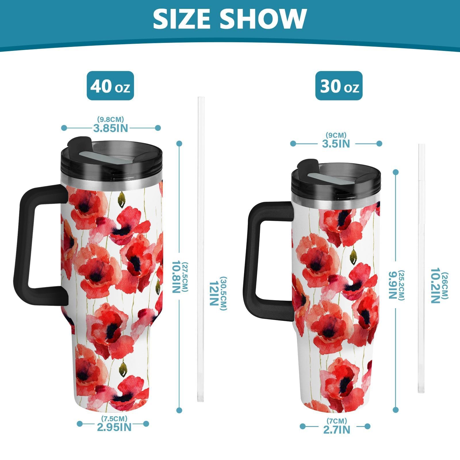 Yasala Car Tumbler with Handle Poppy Watercolor Travel Mug Coffee Cup Insulated Beverage Container Mega Cup for Hot Cold Drinking Thermos Water Bottle Cupholder Friendly 40 oz