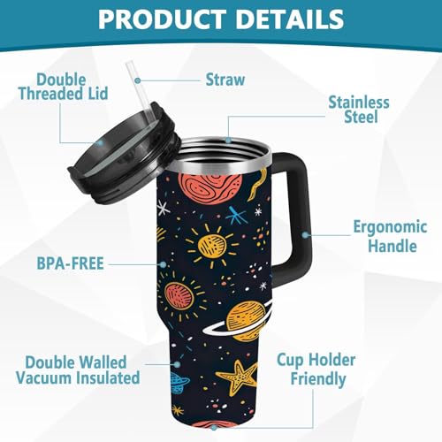 FRCSDIY Cartoon Planet Insulated Tumbler with Handle and Straw Lid,30oz Leakproof Stainless Steel Cup BPA-Free Water Bottle