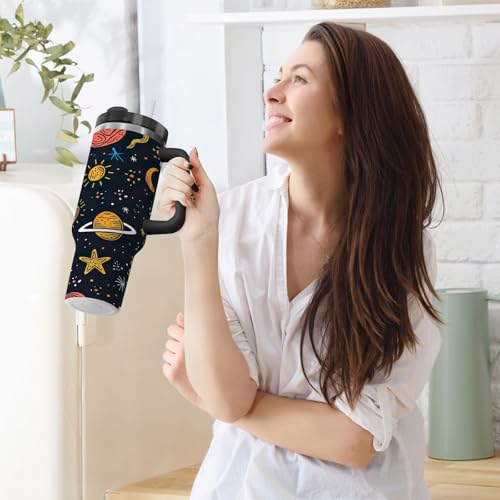 FRCSDIY Cartoon Planet Insulated Tumbler with Handle and Straw Lid,30oz Leakproof Stainless Steel Cup BPA-Free Water Bottle