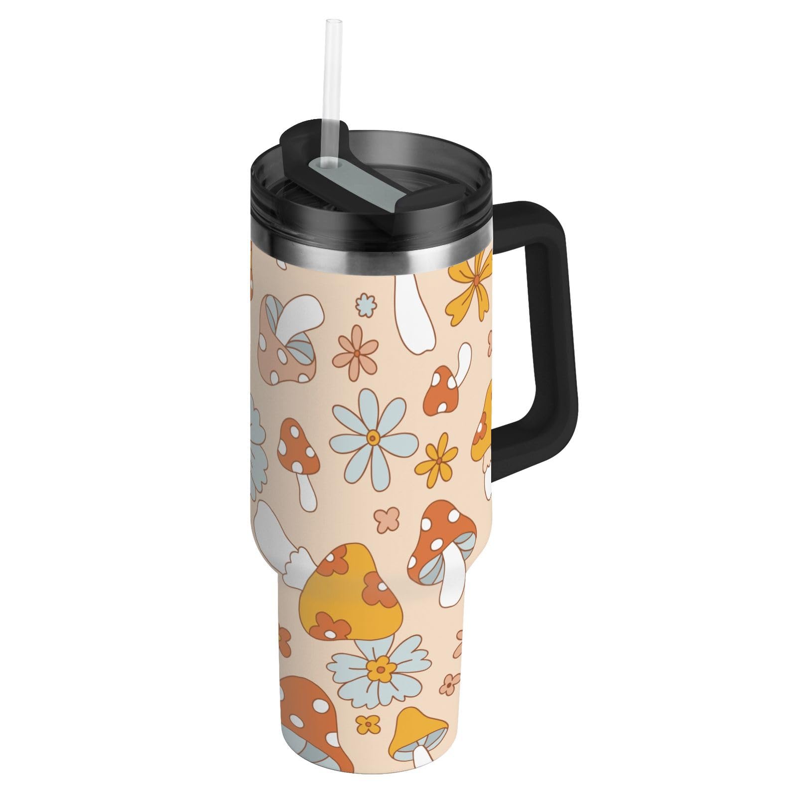 Yasala Car Tumbler with Handle Wild Mushroom Spring Flower Travel Mug Coffee Cup Insulated Beverage Container Mega Cup for Hot Cold Drinking Thermos Water Bottle Cupholder Friendly 40 oz