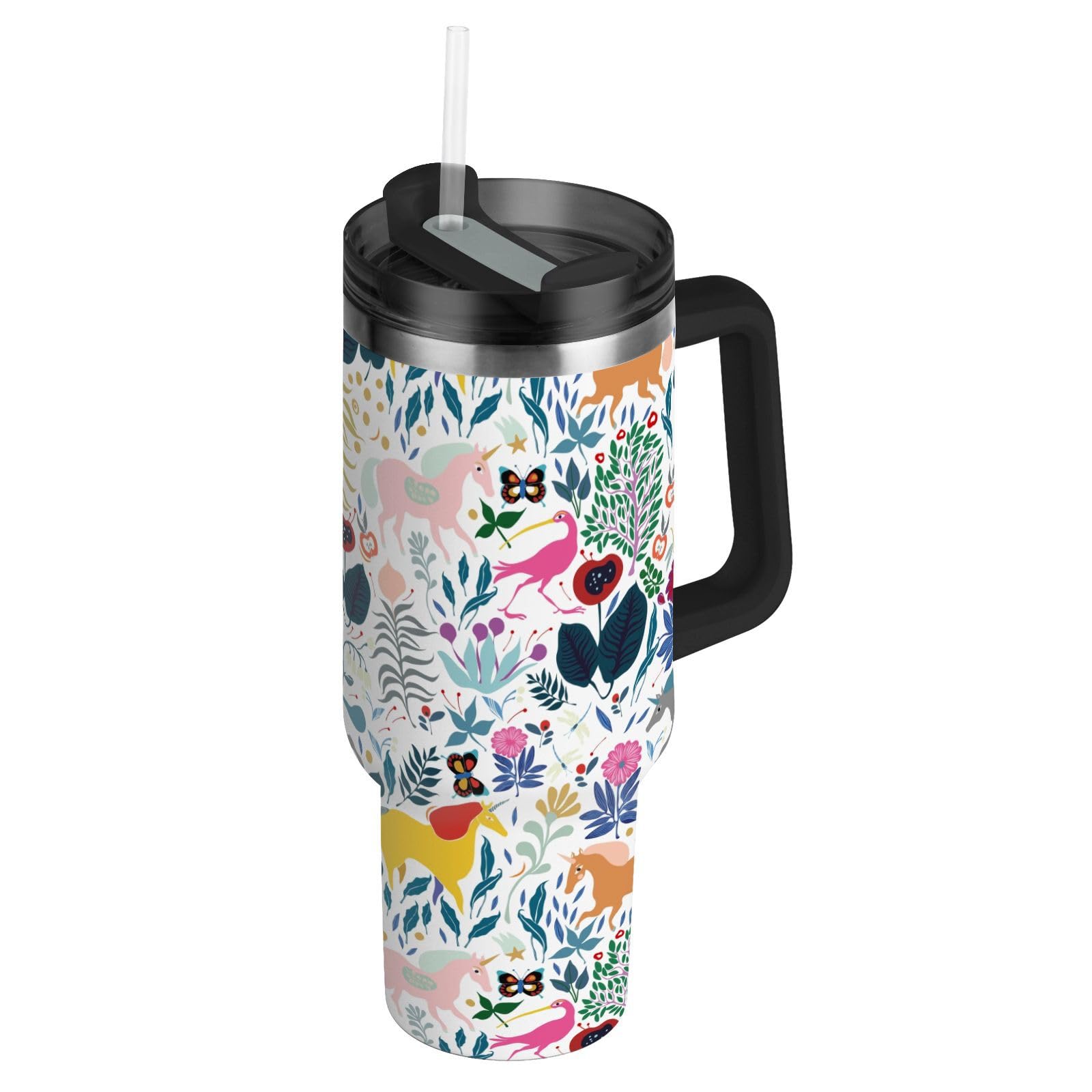 Yasala Car Tumbler with Handle Fairytale Forest Unicorn Travel Mug Coffee Cup Insulated Beverage Container Mega Cup for Hot Cold Drinking Thermos Water Bottle Cupholder Friendly 40 oz