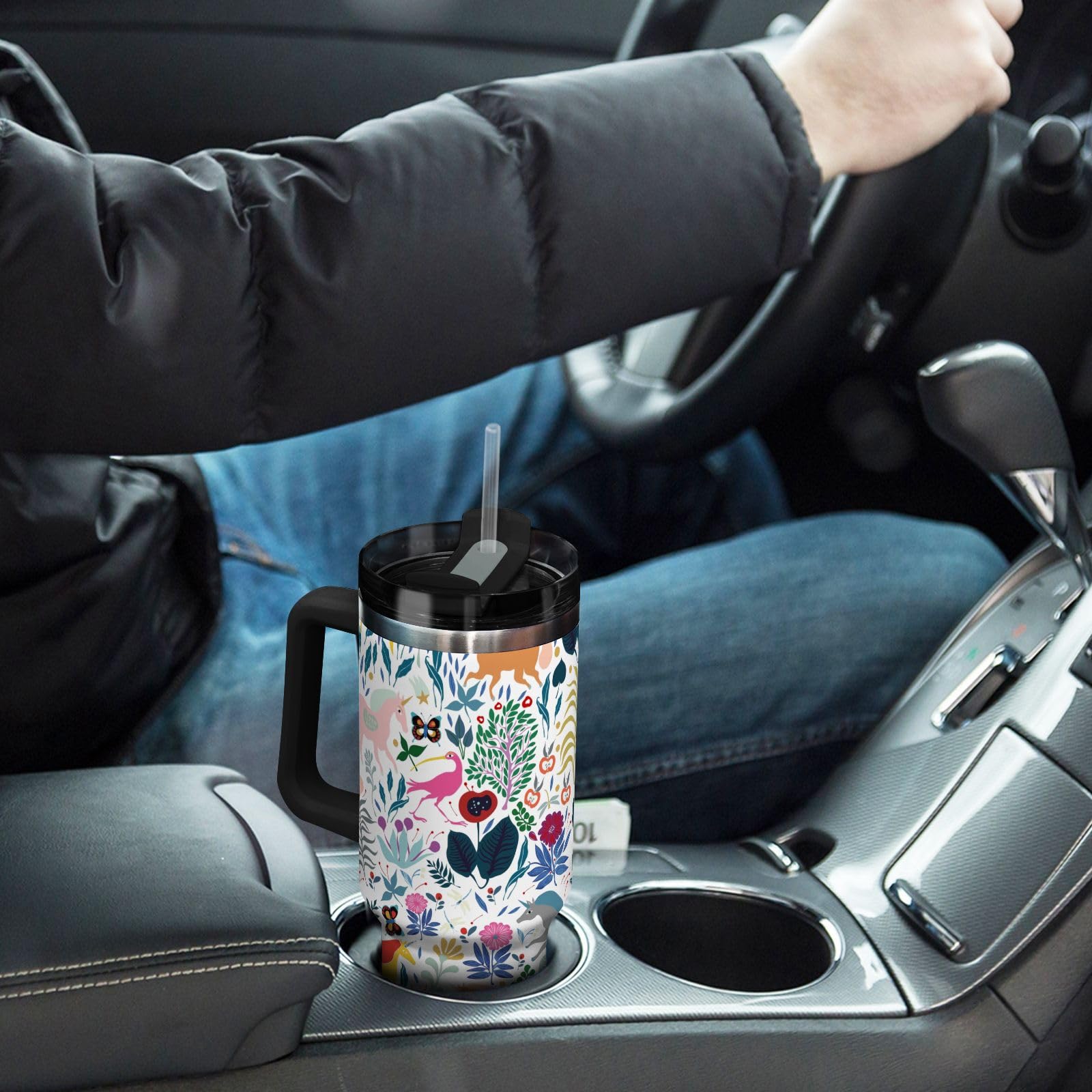Yasala Car Tumbler with Handle Fairytale Forest Unicorn Travel Mug Coffee Cup Insulated Beverage Container Mega Cup for Hot Cold Drinking Thermos Water Bottle Cupholder Friendly 40 oz
