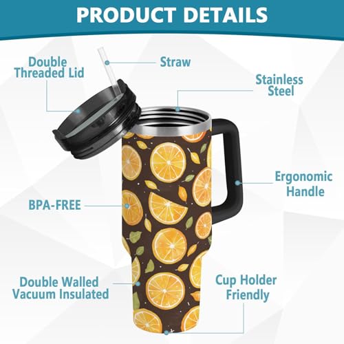 linqin Yellow Grapefruit Dark Vacuum Tumbler Insulated with Lid and Straw 40 oz Water Bottle Wide Mouth Large Coffee Mug for Home, Office or Car