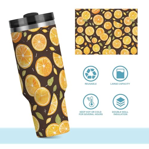 linqin Yellow Grapefruit Dark Vacuum Tumbler Insulated with Lid and Straw 40 oz Water Bottle Wide Mouth Large Coffee Mug for Home, Office or Car