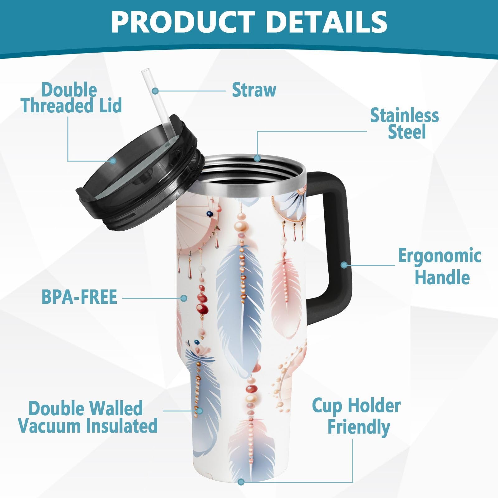FRCSDIY Dream Catcher Insulated Tumbler with Handle and Straw Lid,40oz Leakproof Stainless Steel Cup BPA-Free Water Bottle