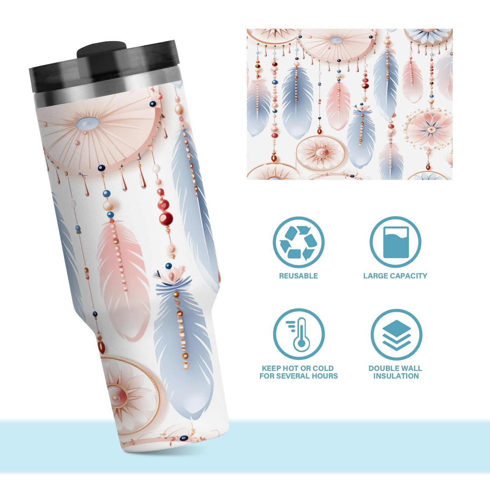 FRCSDIY Dream Catcher Insulated Tumbler with Handle and Straw Lid,40oz Leakproof Stainless Steel Cup BPA-Free Water Bottle
