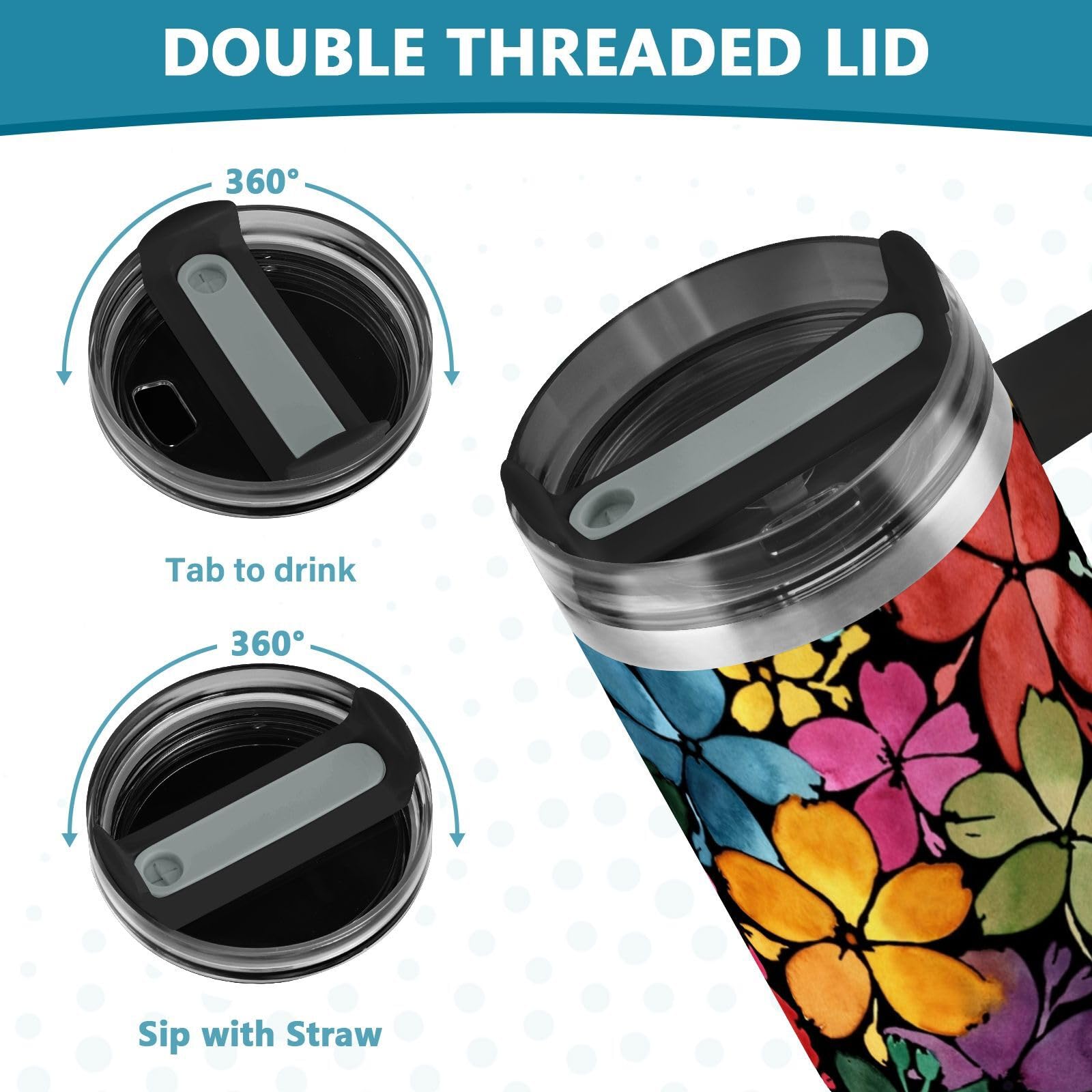 Yasala Car Tumbler with Handle Rainbow Flower Travel Mug Coffee Cup Insulated Beverage Container Mega Cup for Hot Cold Drinking Thermos Water Bottle Cupholder Friendly 40 oz