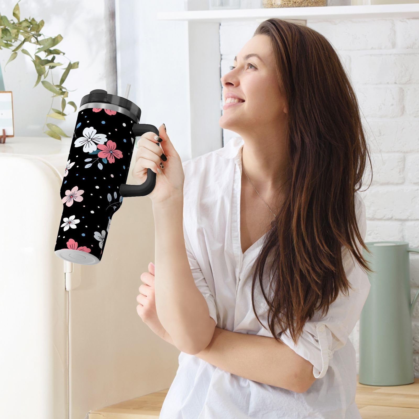FRCSDIY Beautiful Flowers Insulated Tumbler with Handle and Straw Lid,30oz Leakproof Stainless Steel Cup BPA-Free Water Bottle