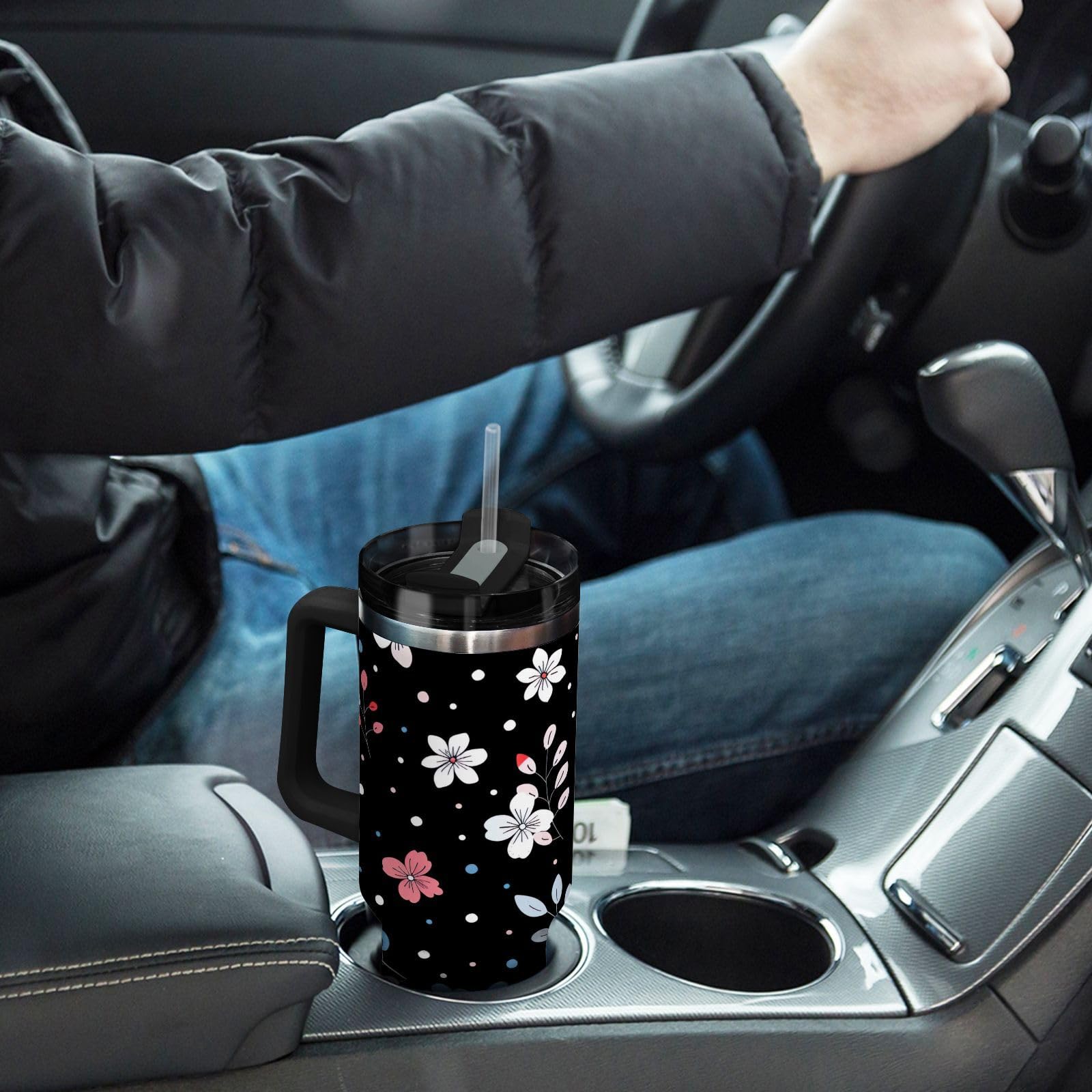 FRCSDIY Beautiful Flowers Insulated Tumbler with Handle and Straw Lid,30oz Leakproof Stainless Steel Cup BPA-Free Water Bottle