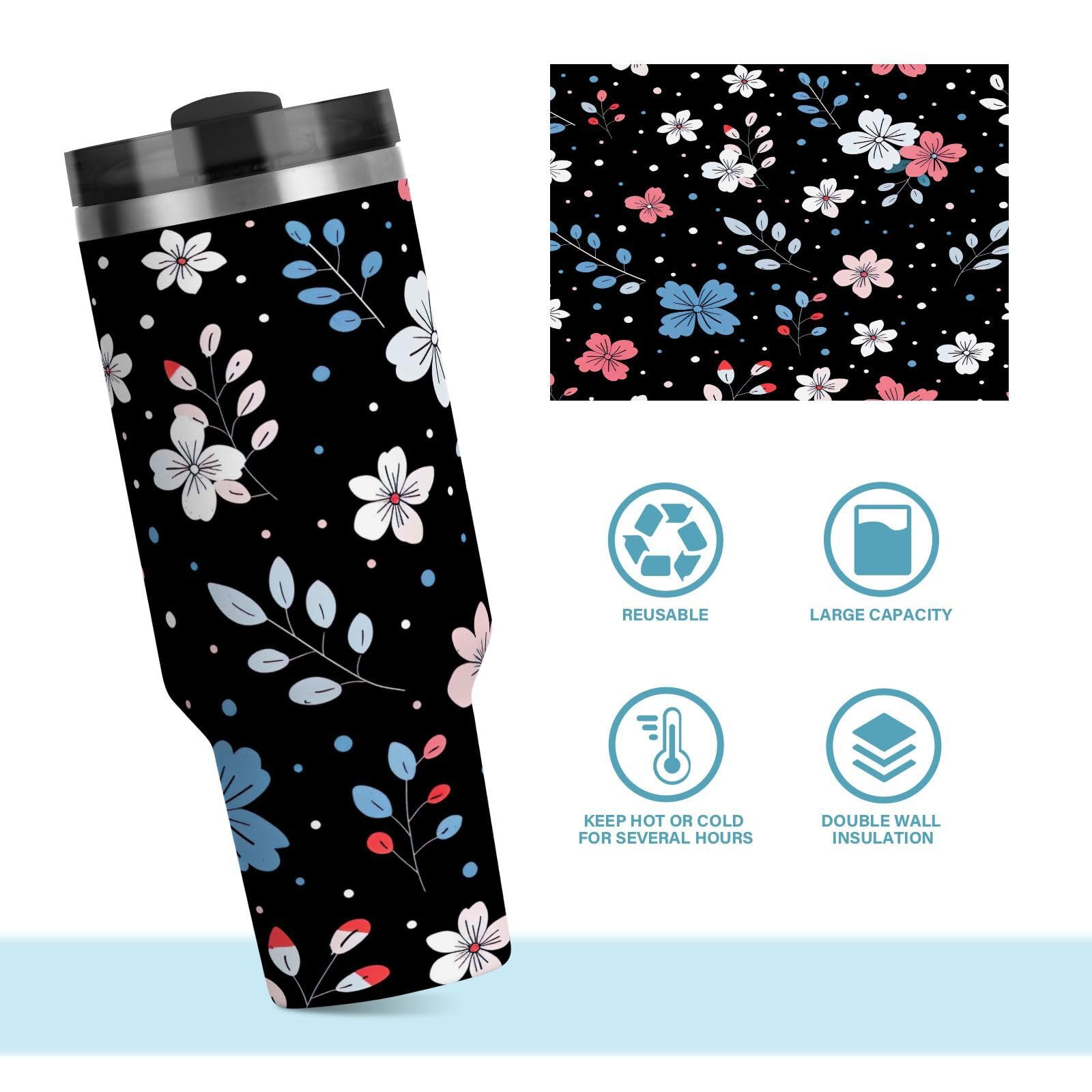 FRCSDIY Beautiful Flowers Insulated Tumbler with Handle and Straw Lid,30oz Leakproof Stainless Steel Cup BPA-Free Water Bottle