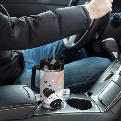 FRCSDIY Rainbow Panda Insulated Tumbler with Handle and Straw Lid,30oz Leakproof Stainless Steel Cup BPA-Free Water Bottle
