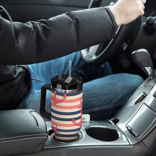 FRCSDIY Striped Anchor Insulated Tumbler with Handle and Straw Lid,40oz Leakproof Stainless Steel Cup BPA-Free Water Bottle