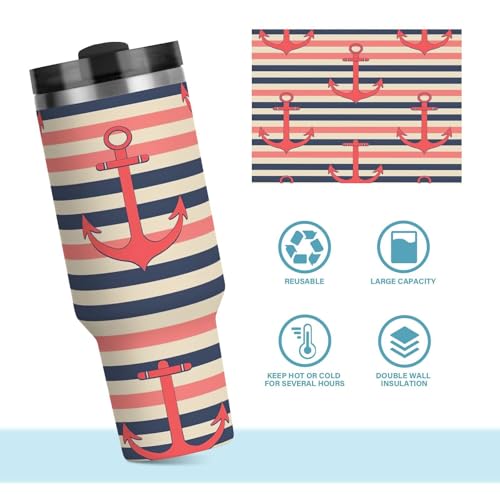 FRCSDIY Striped Anchor Insulated Tumbler with Handle and Straw Lid,40oz Leakproof Stainless Steel Cup BPA-Free Water Bottle