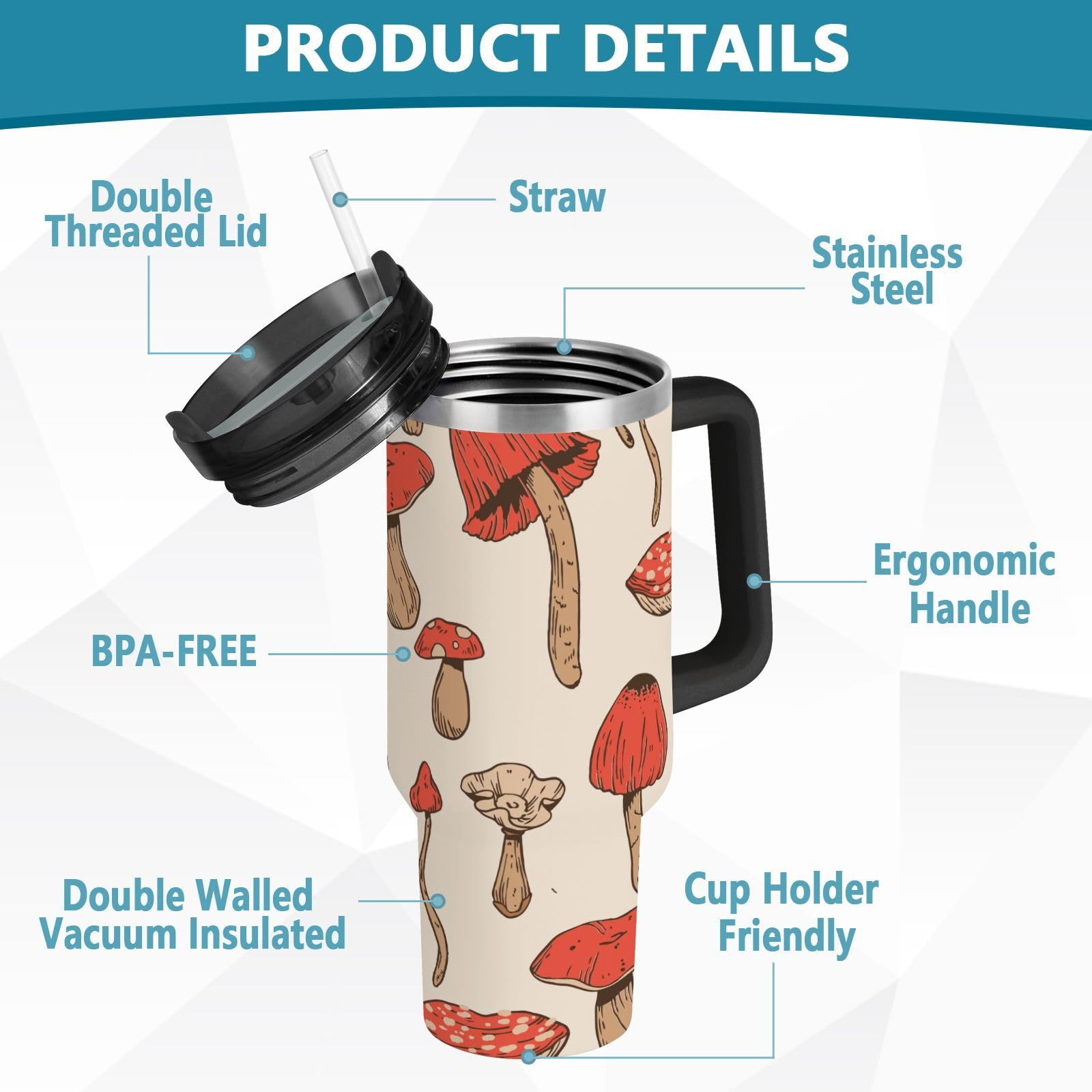 Yasala Car Tumbler with Handle Mushroom Nature Botanic Travel Mug Coffee Cup Insulated Beverage Container Mega Cup for Hot Cold Drinking Thermos Water Bottle Cupholder Friendly 40 oz