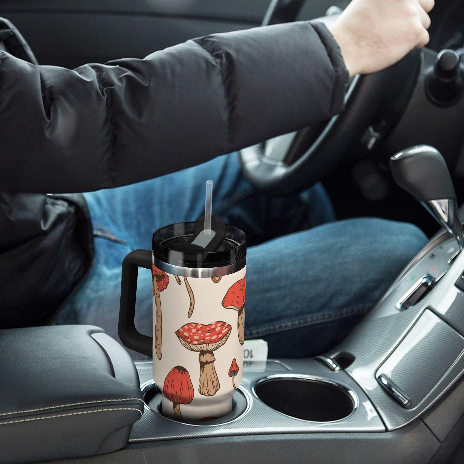 Yasala Car Tumbler with Handle Mushroom Nature Botanic Travel Mug Coffee Cup Insulated Beverage Container Mega Cup for Hot Cold Drinking Thermos Water Bottle Cupholder Friendly 40 oz