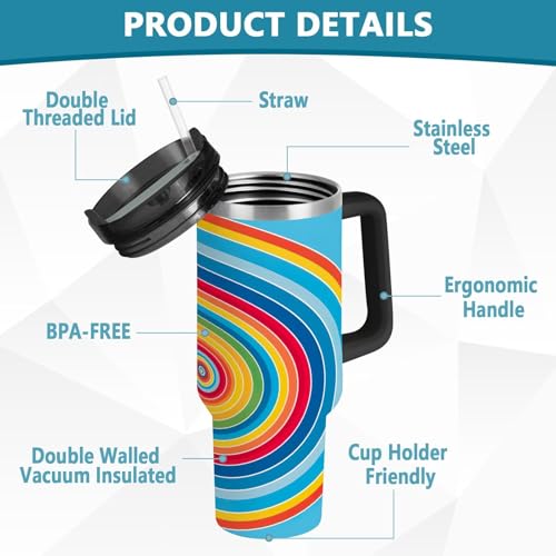 FRCSDIY Colored Circle Insulated Tumbler with Handle and Straw Lid,40oz Leakproof Stainless Steel Cup BPA-Free Water Bottle