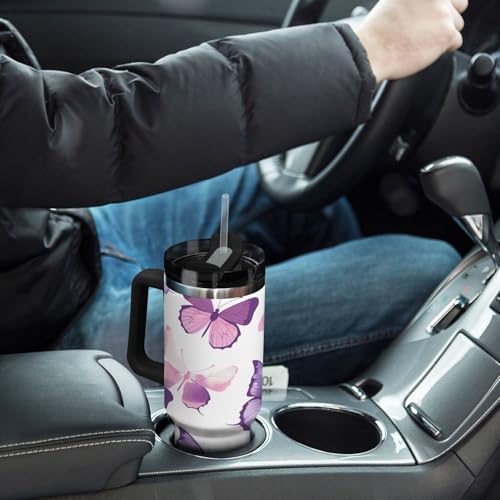 FRCSDIY Butterfly Insulated Tumbler with Handle and Straw Lid,40oz Leakproof Stainless Steel Cup BPA-Free Water Bottle