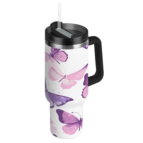 FRCSDIY Butterfly Insulated Tumbler with Handle and Straw Lid,40oz Leakproof Stainless Steel Cup BPA-Free Water Bottle