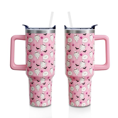 Aokoyi Halloween Ghosts 40oz Tumbler Cup with Handle and Straw, Pastel Holiday Gifts for Women Girls, Stainless Steel Insulated Water Bottle 1PC