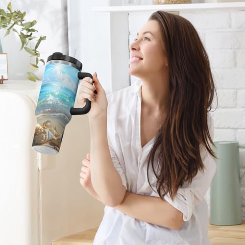 FRCSDIY Beach Shells Insulated Tumbler with Handle and Straw Lid,40oz Leakproof Stainless Steel Cup BPA-Free Water Bottle