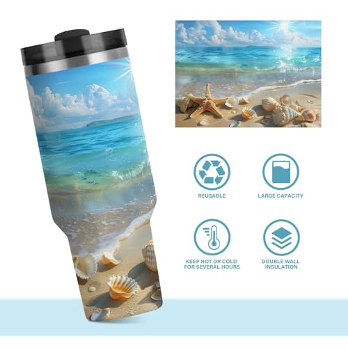 FRCSDIY Beach Shells Insulated Tumbler with Handle and Straw Lid,40oz Leakproof Stainless Steel Cup BPA-Free Water Bottle