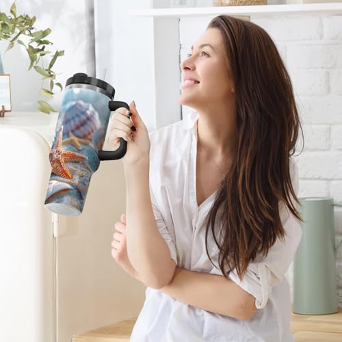 FRCSDIY Seaside Shells Insulated Tumbler with Handle and Straw Lid,40oz Leakproof Stainless Steel Cup BPA-Free Water Bottle