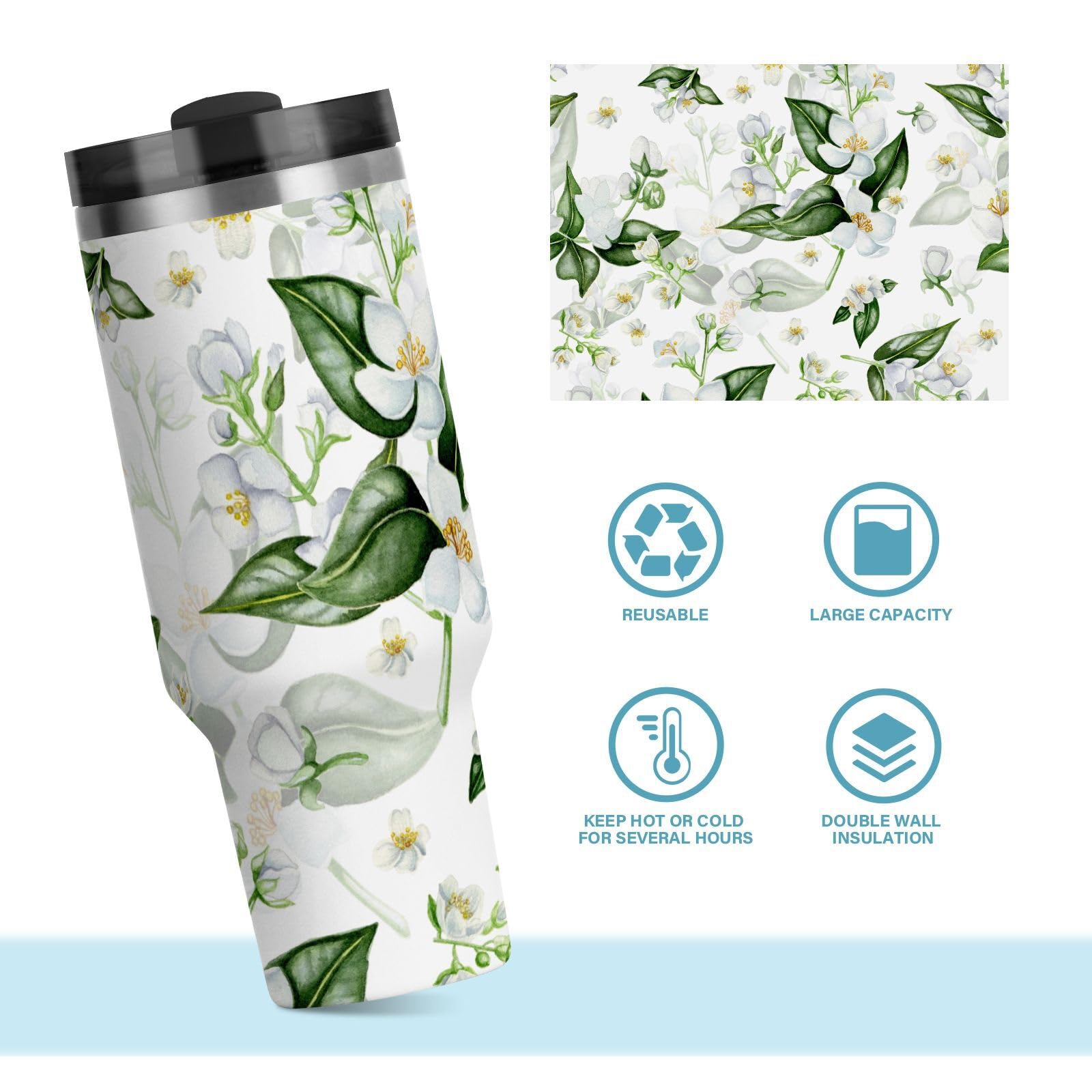 Yasala Car Tumbler with Handle White Flower Green Leaves Travel Mug Coffee Cup Insulated Beverage Container Mega Cup for Hot Cold Drinking Thermos Water Bottle Cupholder Friendly 40 oz